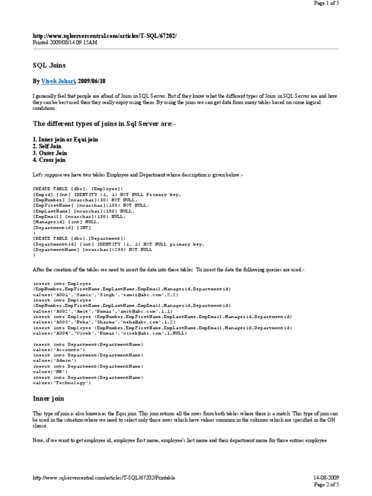 SQL Joins: Vivek Johari | PDF | Areas Of Computer Science | Data