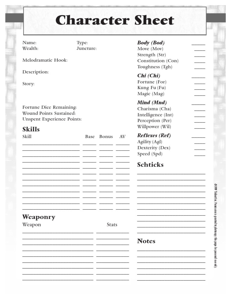 Feng Shui RPG Character Sheet | PDF | Role Playing Games | Role Playing