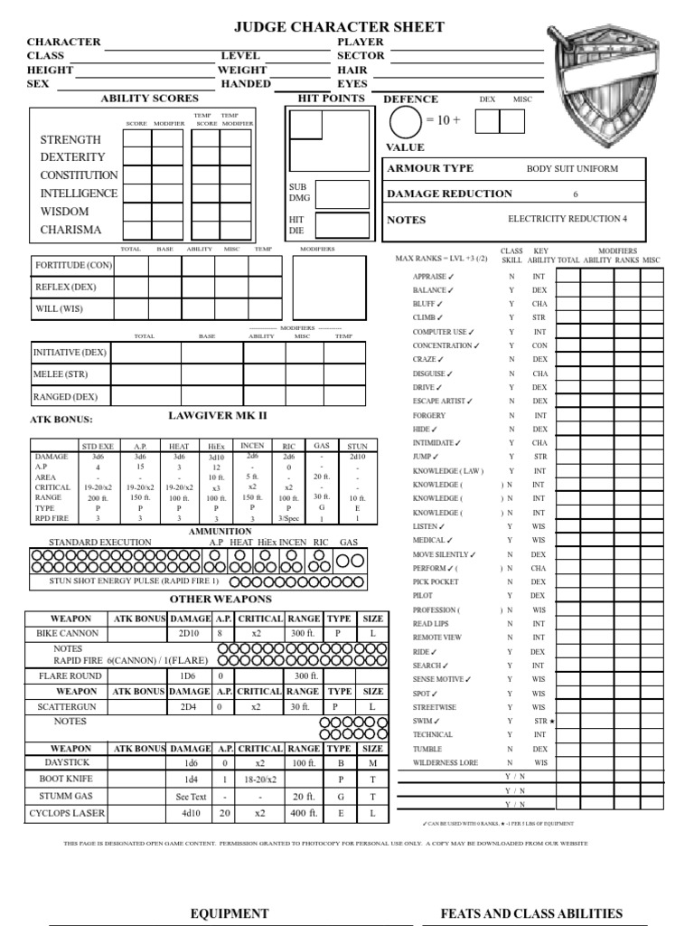 Judge Character Sheet: Character Player Class Level Sector Height ...