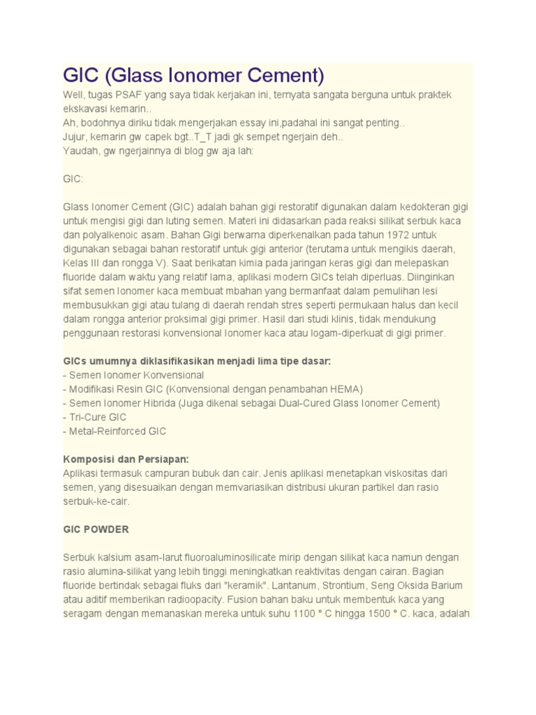 Gic (Glass Ionomer Cement) : Gics Umumnya Diklasifikasikan Menjadi Lima Tipe Dasar | PDF