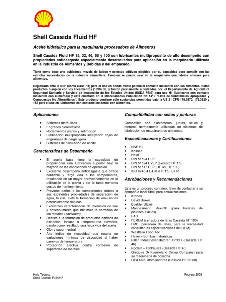 Shell Cassida Fluid HF Spanish | PDF | Lubricante | Alimentos