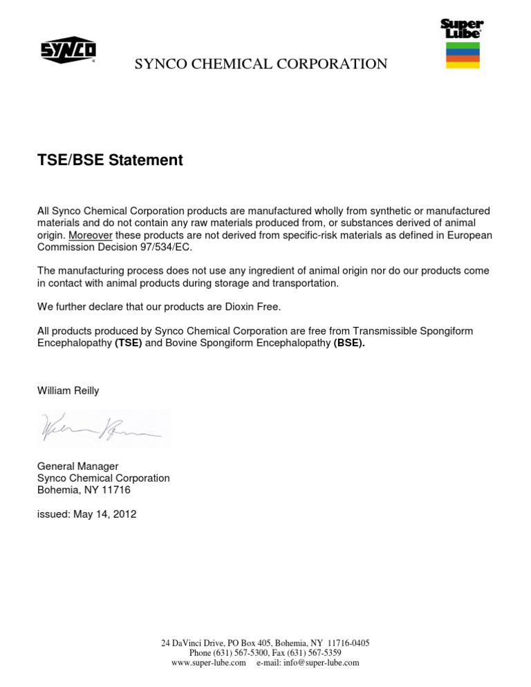 Synco Chemical TSE/BSE Statement | PDF