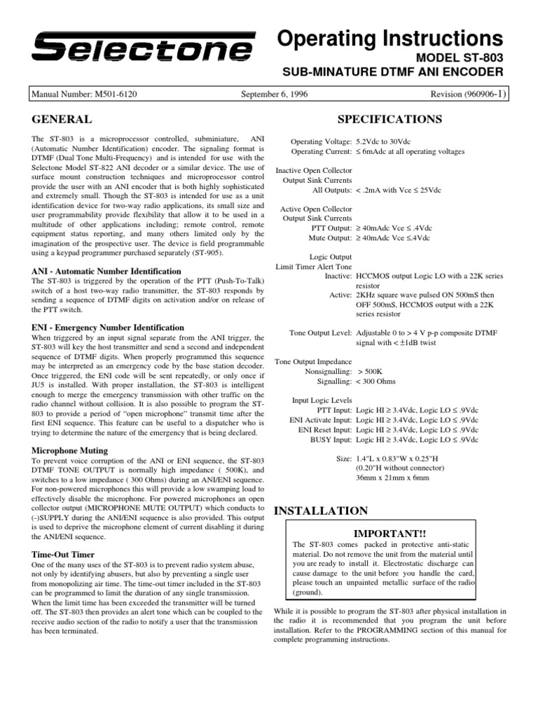 Operating Instructions: MODEL ST-803 Sub-Minature DTMF Ani Encoder ...