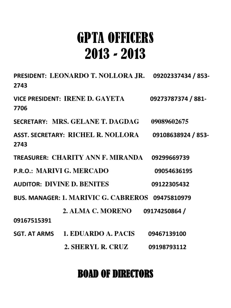 Gpta Officers 2013 - 2013: Boad of Directors | PDF