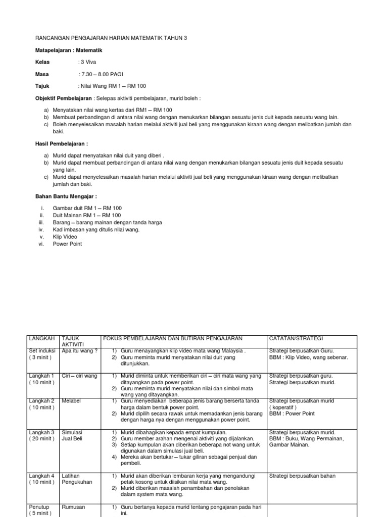 RPH Nilai Wang THN 3 | PDF