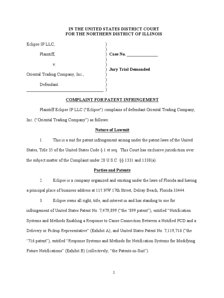 Eclipse IP v. Oriental Trading Company | PDF | Patent | Patent Infringement