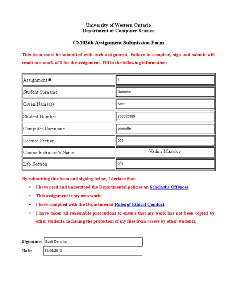 CS1026b Assignment Submission Form | PDF