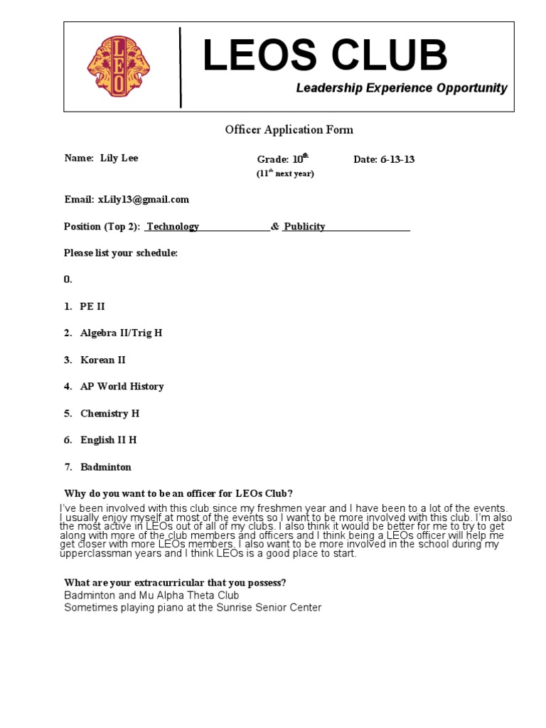 Leos Club: Officer Application Form | PDF | Schools | Business