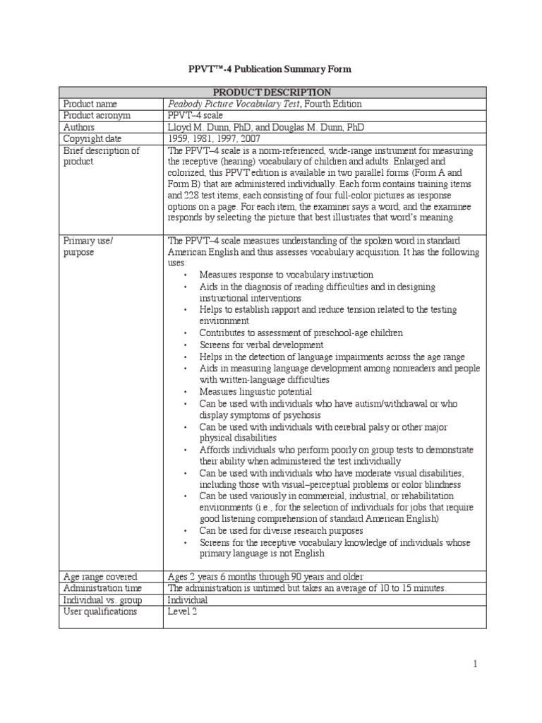 Peabody Picture Vocabulary Test, Fourth Edition | PDF | Vocabulary ...
