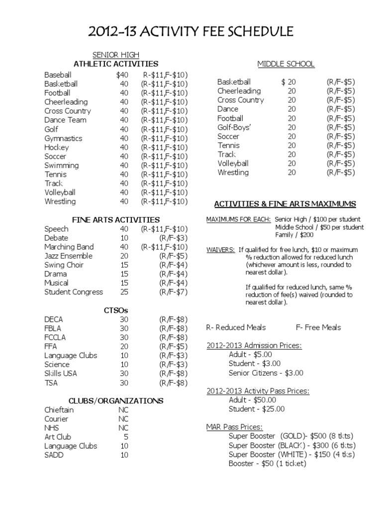2012-13 Activity Fee Schedule: Athletic Activities | PDF | Fee | Sports