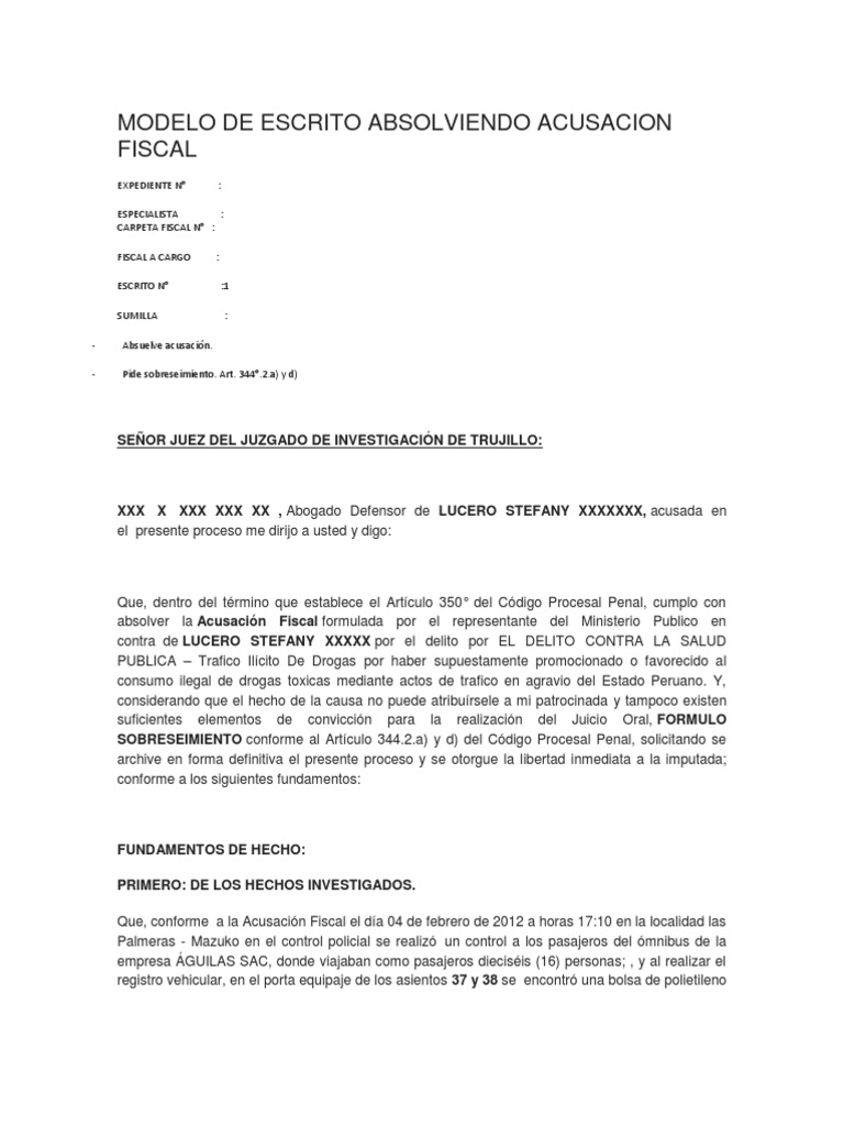 Modelo de Escrito Absolviendo Acusacion Fiscal | PDF | Delito | Procedimiento Criminal