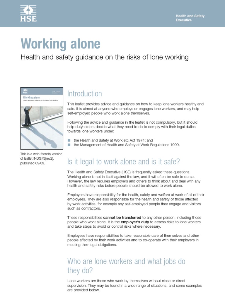 Working Alone (HSE Guidance) 11-4877 | PDF | Career & Growth | Self ...
