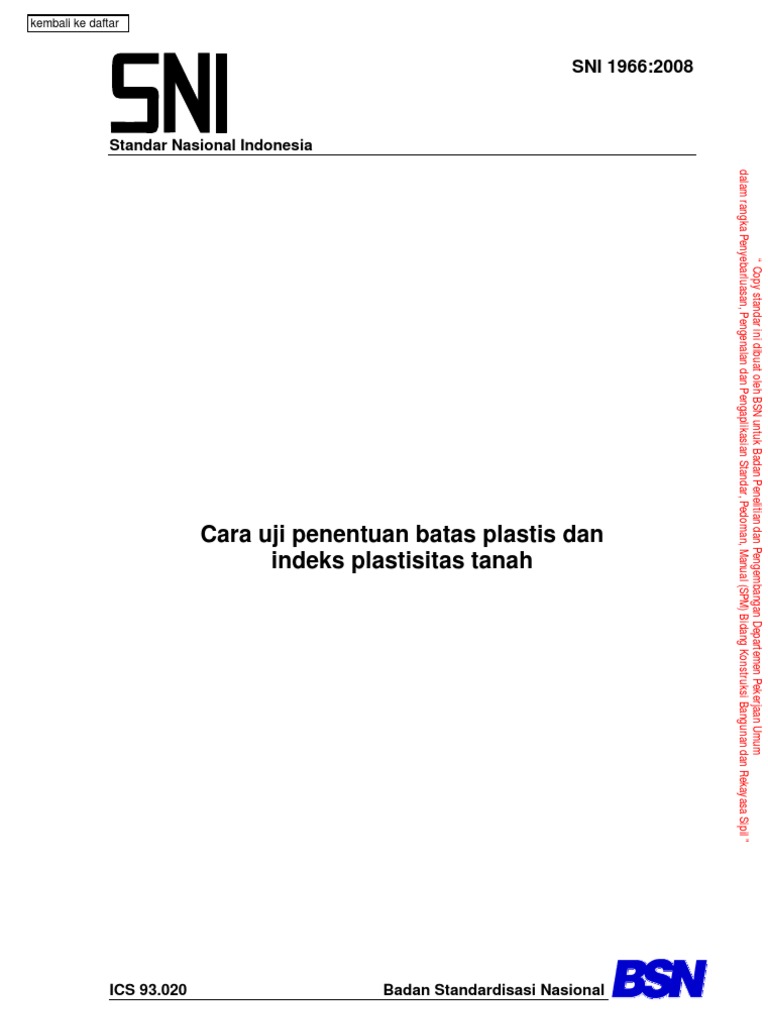 Sni 1966-2008 (Batas Plastis Dan Indeks Plastisitas) | PDF