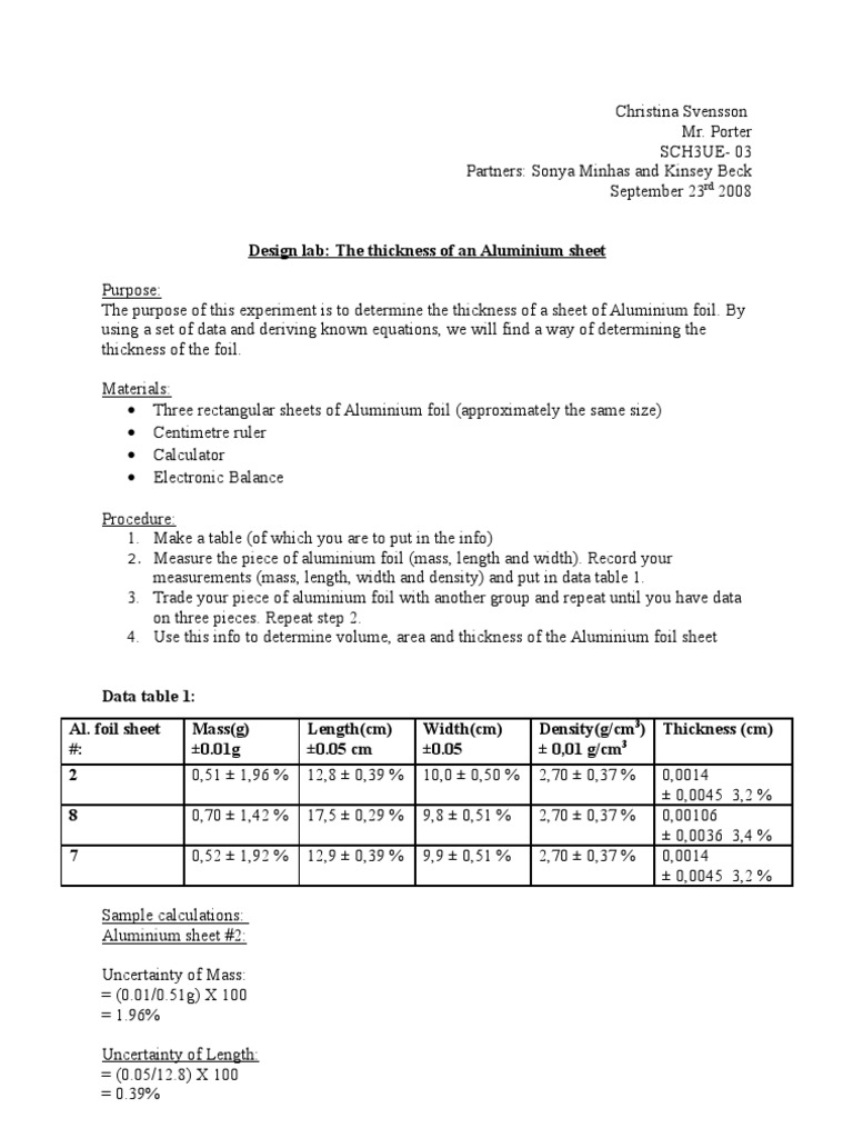 Lab 2 - The Thickness of An Aluminium Sheet. C.S. | PDF | Aluminium ...