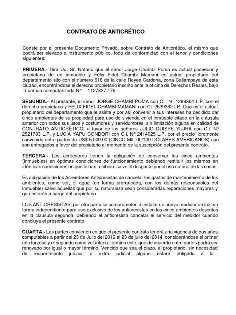 CONTRATO DE ANTICRÉTICO 1 | Propiedad | Gobierno