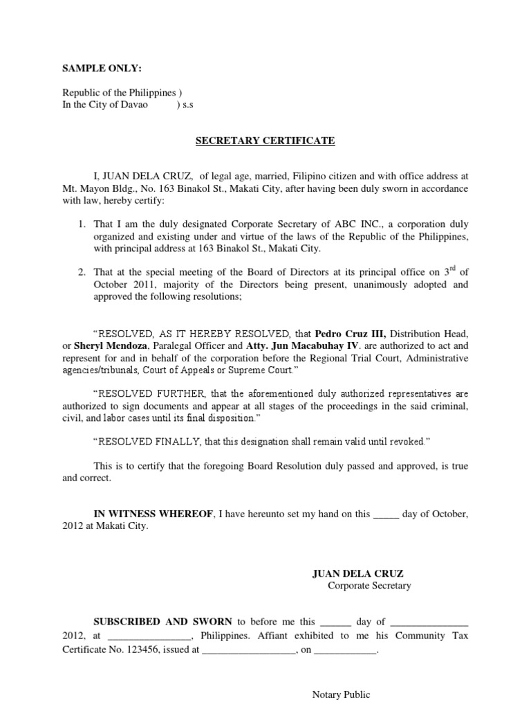 Secretary Certificate for Authorized Signatories | PDF | Separation Of ...