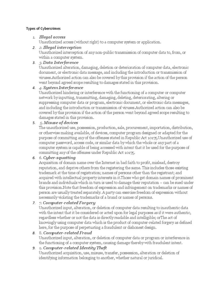 Types of Cybercrimes: 1. Illegal Access 2. Illegal Interception | PDF