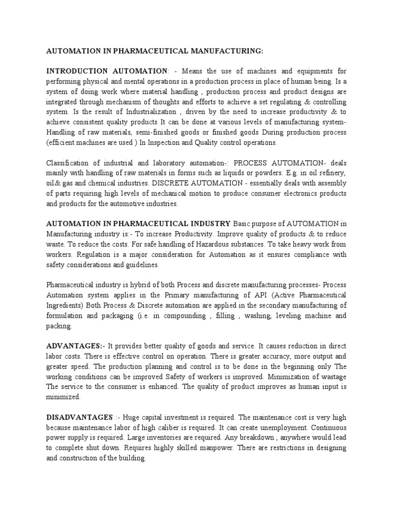 Automation in Pharmaceutical Manufacturing | PDF | Pressure Measurement ...