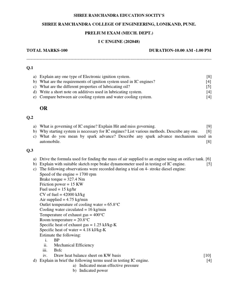 Question Paper | Download Free PDF | Engines | Diesel Engine