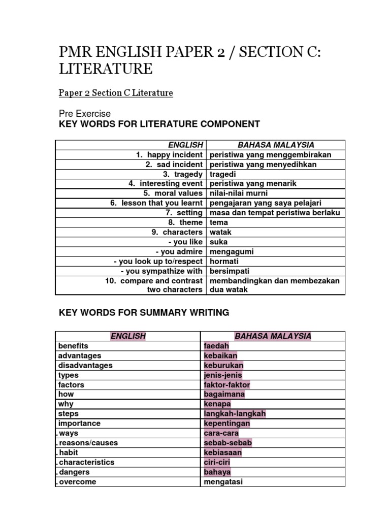 PMR English Paper 2 / Section C: Literature | PDF | Career & Growth
