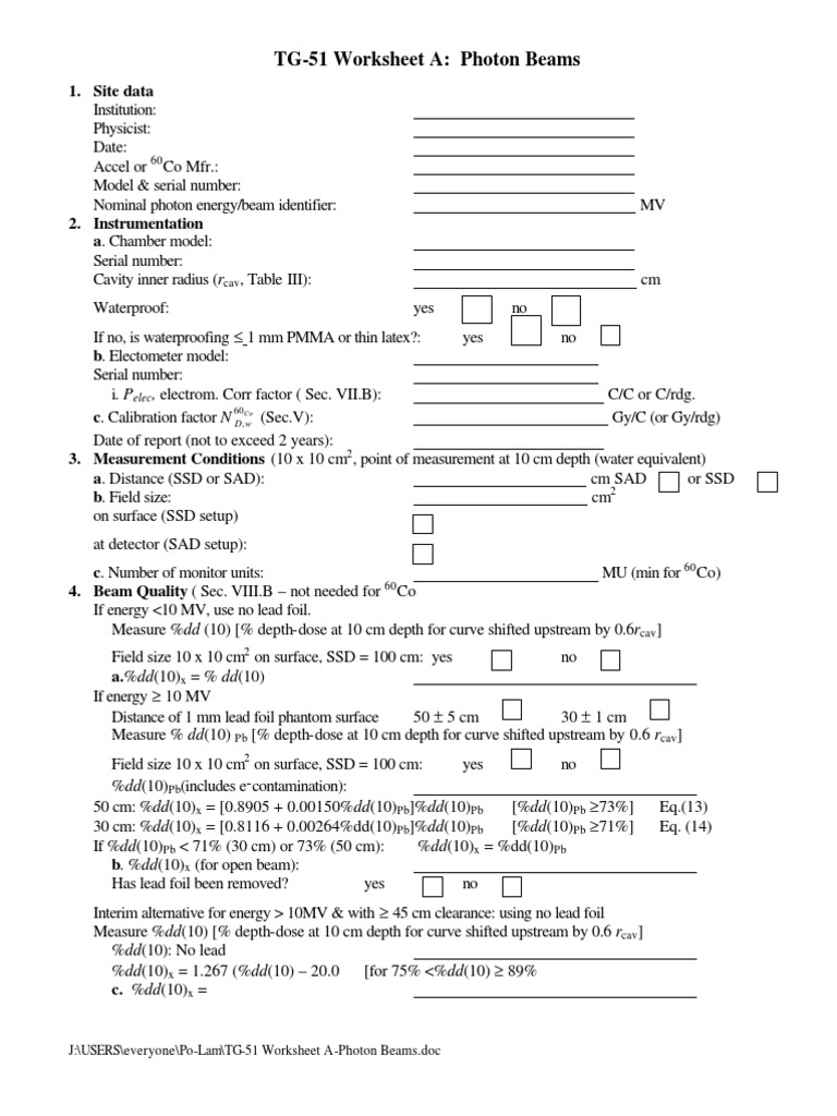 TG-51 Worksheet A-Photon Beams | PDF | Photon | Physics