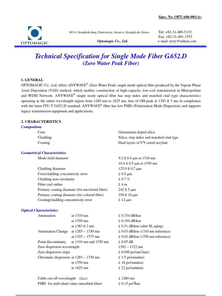 ITU-T G.652.D Specs | Optical Fiber | Dispersion (Optics)