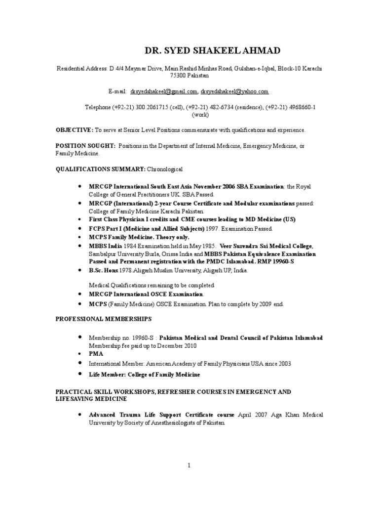 DR Shakeel CV | PDF | General Practitioner | Family Medicine