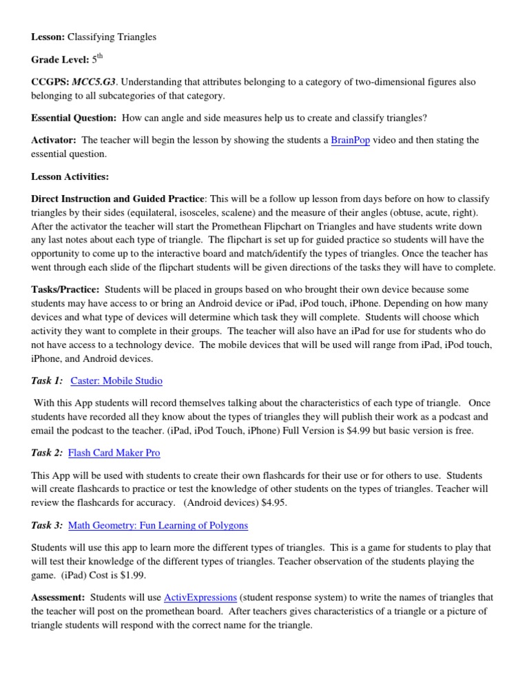 Classifying Triangles Lesson Plan | PDF | I Pad | Triangle