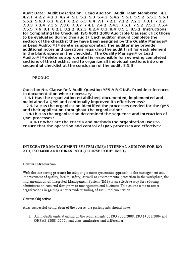 IMS Internal Auditor Training Guide | PDF | Iso 9000 | Audit