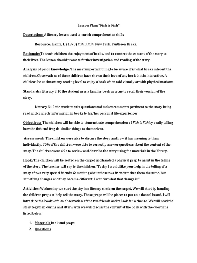 Fish Is Fish Lesson Plan | PDF | Reading Comprehension | Cognitive Science