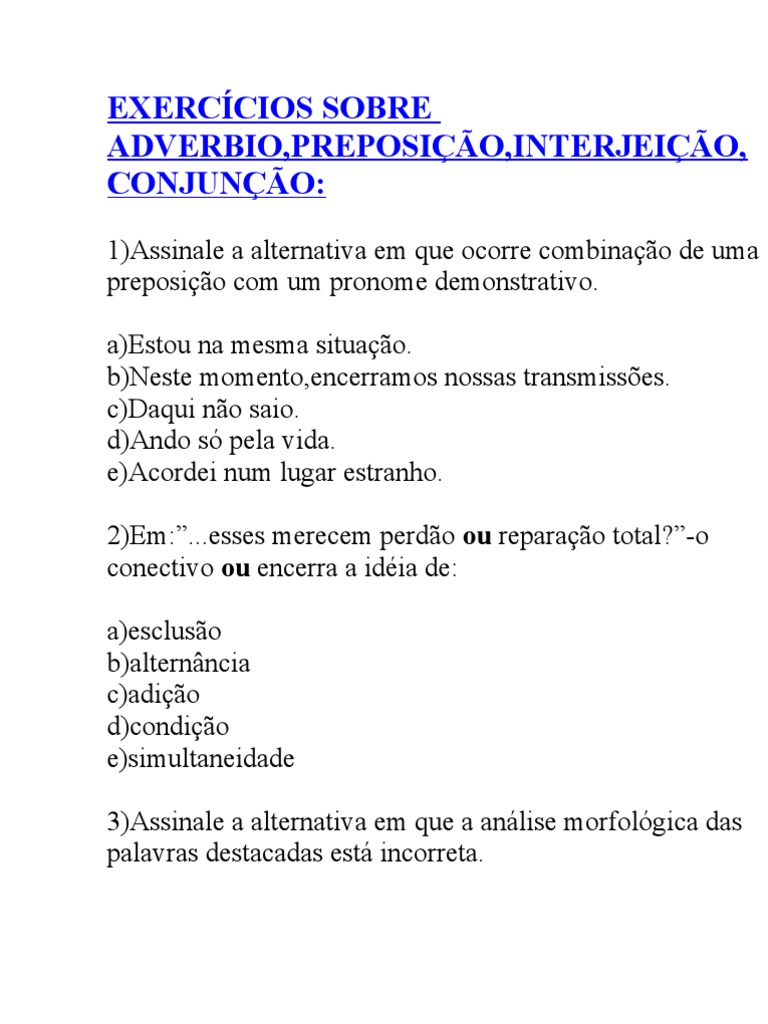 Advérbio, Prep, Interj, Conj Exercícios | PDF