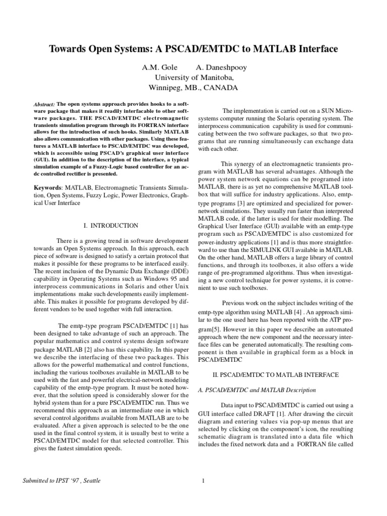 Towards Open Systems: A PSCAD/EMTDC To MATLAB Interface | Download Free PDF | Matlab | Graphical ...