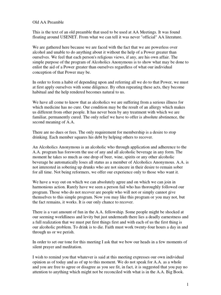 Old AA Preamble | Download Free PDF | Alcoholics Anonymous | Alcohol