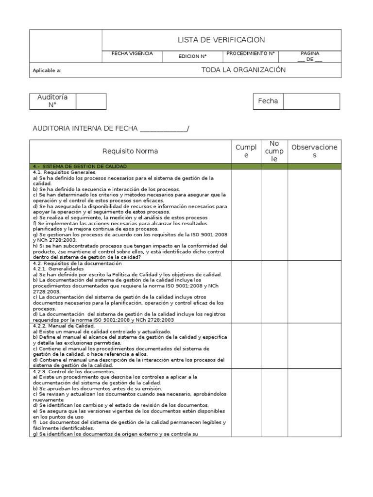 Lista Verificación Auditoría | Gestión de la calidad | Calidad ...