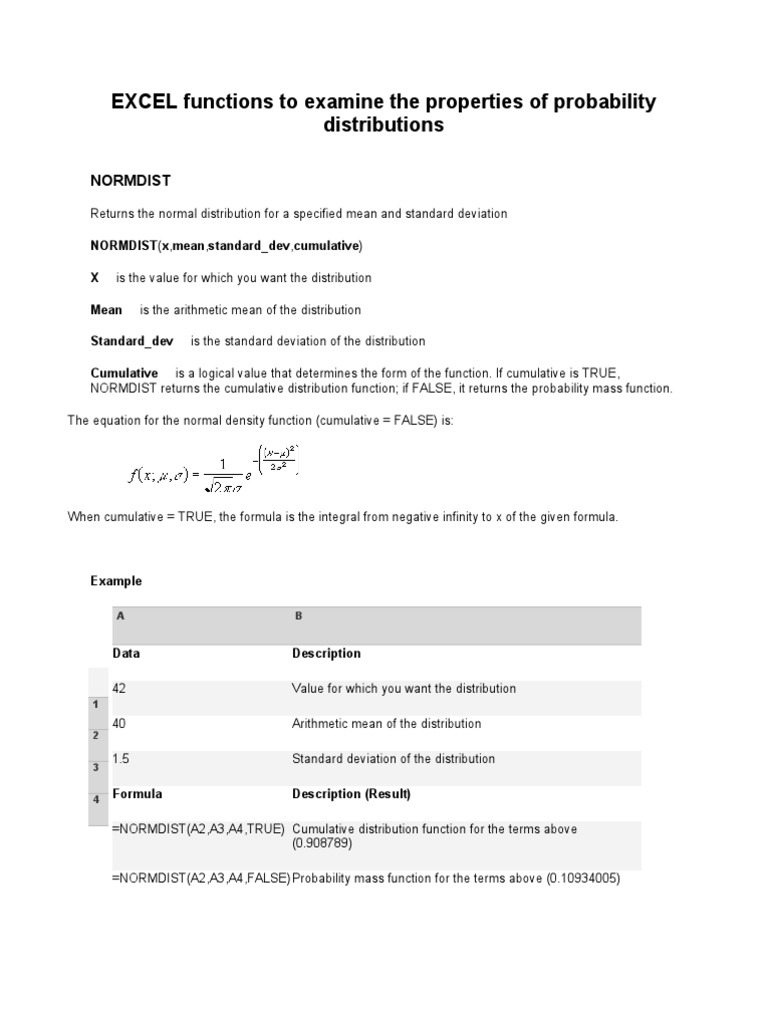 EXCEL Functions For Prob Dist | PDF | Probability Distribution | Mean