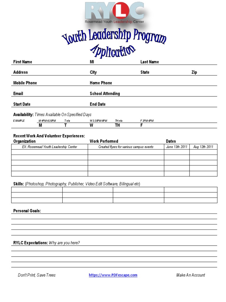 RYLC Youth Leader Application | PDF | Zip Code | Résumé
