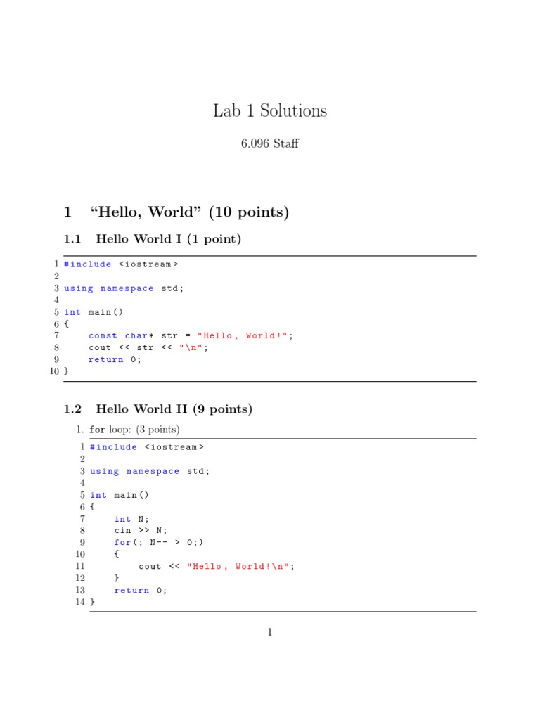 Lab 1 Solutions: 1 "Hello, World" (10 Points) | PDF | Software ...