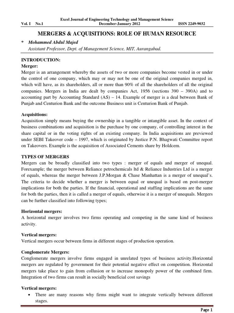 Mergers Acquisitions Role Of Human Resource Pdf Mergers And