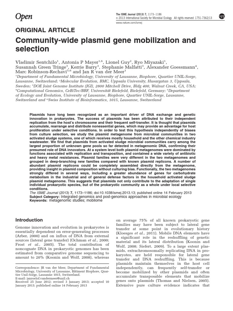 Community-Wide Plasmid Gene Mobilization and Selection: Original Article | PDF | Plasmid | Gene