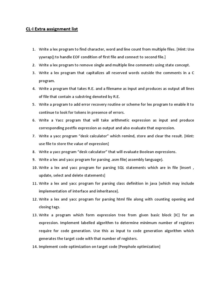 CL I Extra Assignment List | PDF