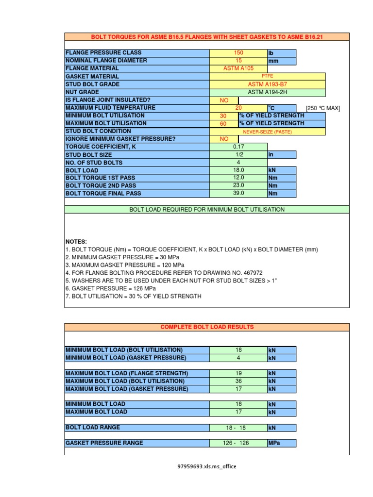 ASME B16.5 Flange Bolt Torque Tables for PTFE Gaskets | PDF | Nut ...