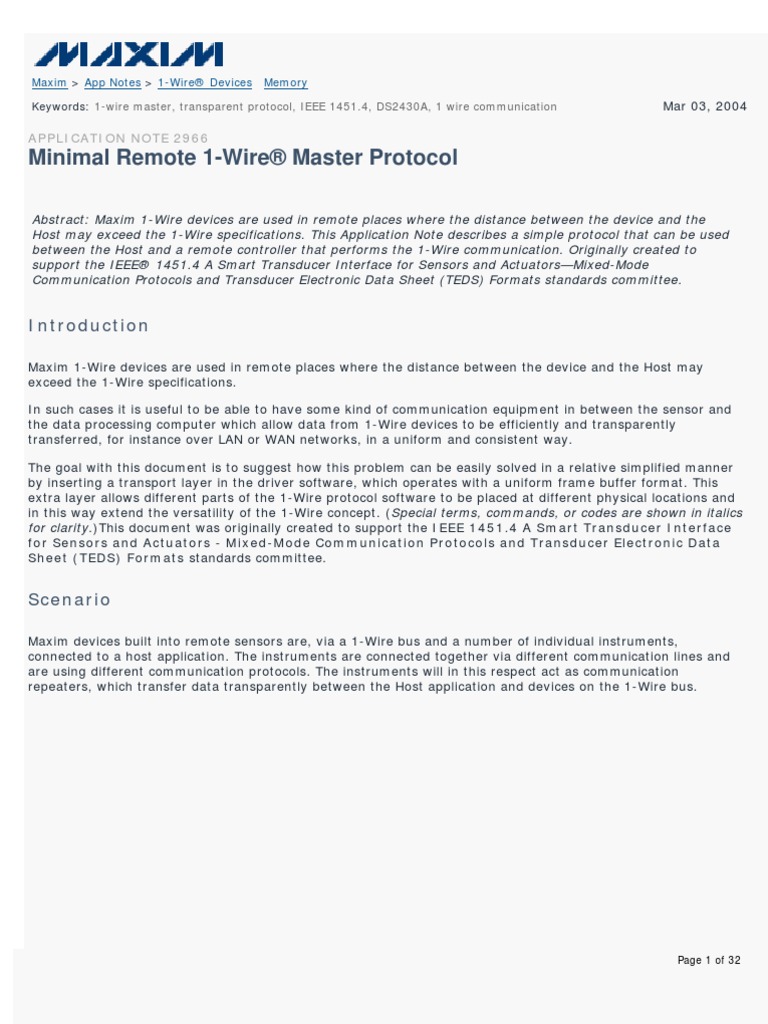 Minimal Remote 1-Wire® Master Protocol: Application Note 2966 | PDF ...