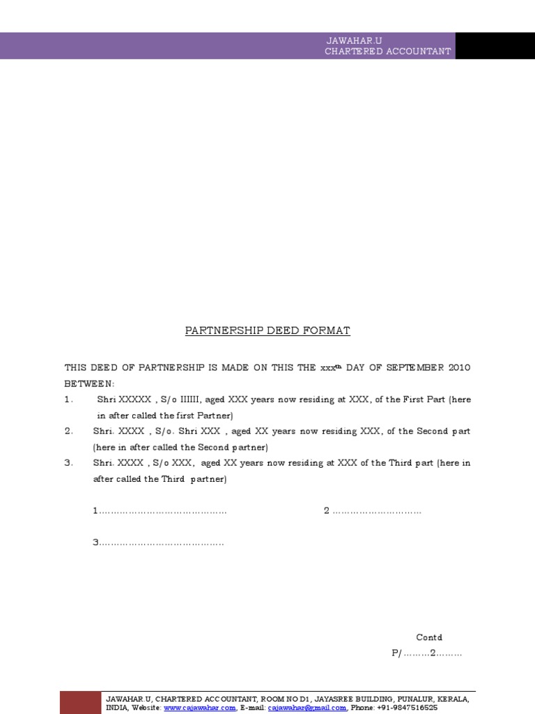 Partnership Deed Format: Jawahar.U Chartered Accountant | PDF ...