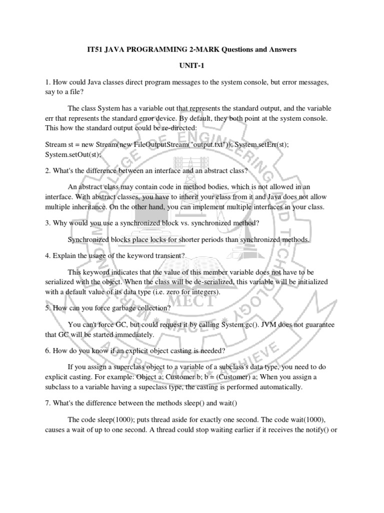 IT51 JAVA PROGRAMMING 2-MARK Questions and Answers UNIT-1 | PDF | Class (Computer Programming ...