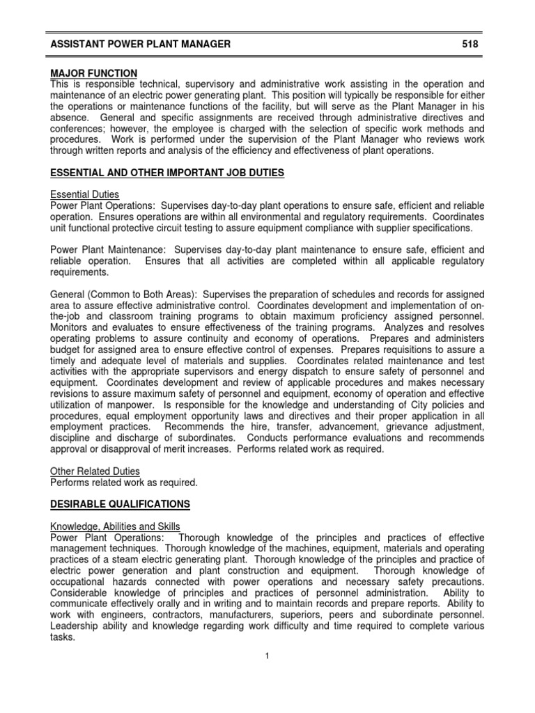 Assistant Plant Manager | PDF | Power Station | Employment
