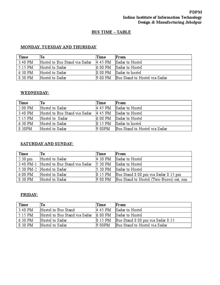 PDPM Bus Time Table for IIIT Jabalpur | PDF