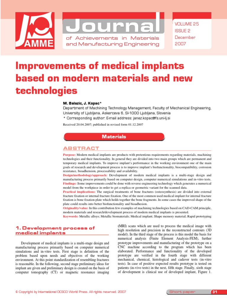 Improvements of Medical Implants Based On Modern Materials and New ...