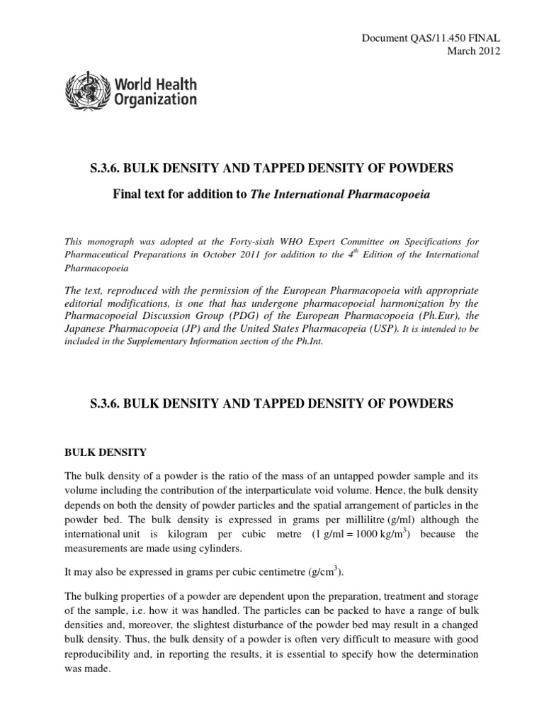 Bulk and Tapped Density of Powders Standard | PDF | Density | Volume