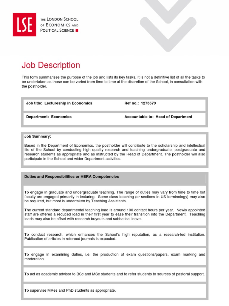 Lecturer Job Description | PDF | Lecturer | Postgraduate Education