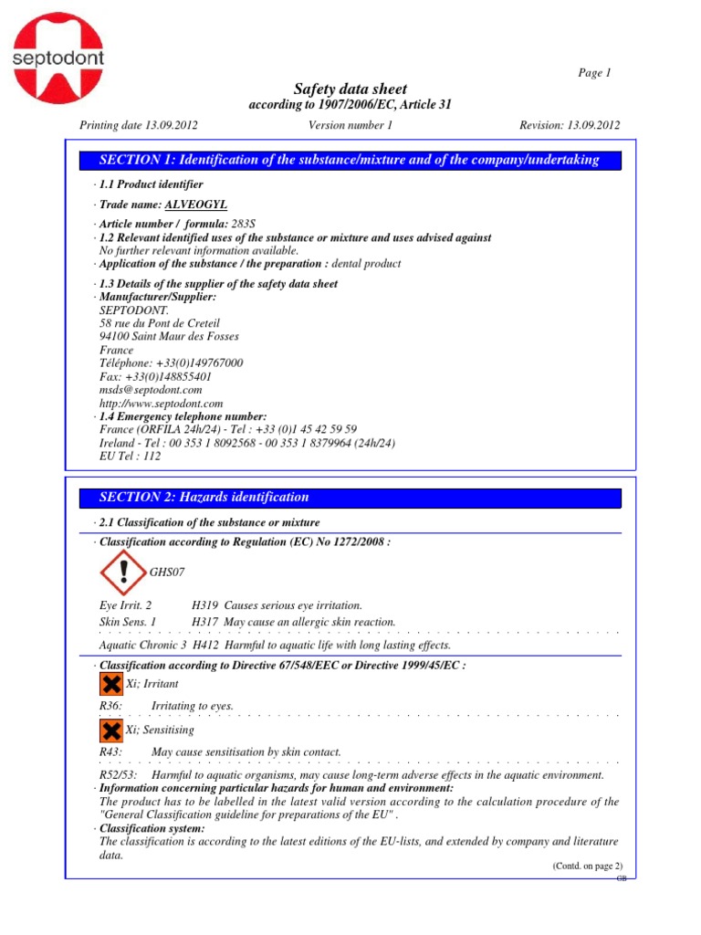 Alveogyl MSDS | PDF | Dangerous Goods | Toxicity